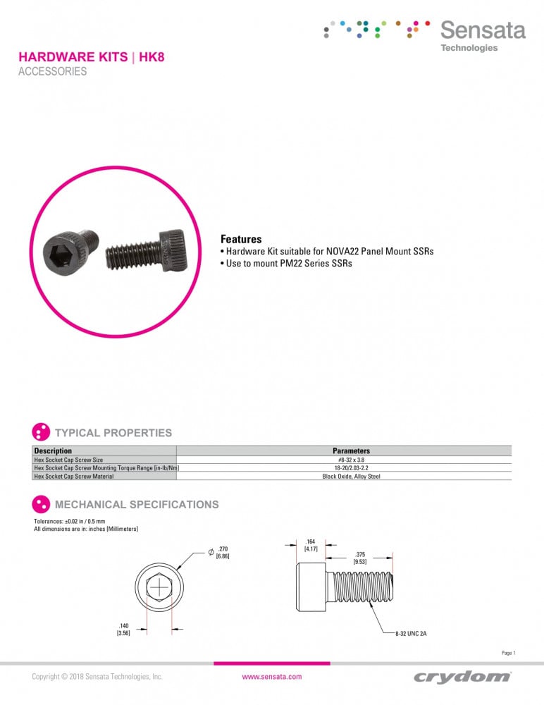 Sensata HK8 technical document page 1