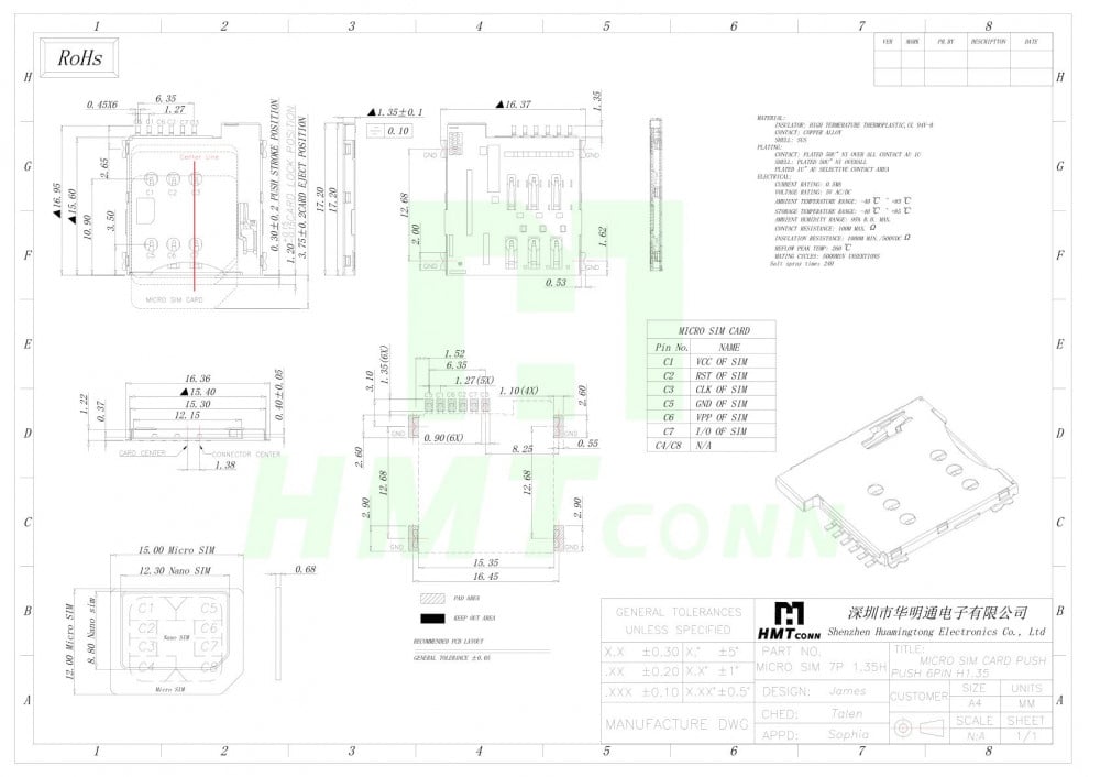 HMTCONN MICRO SIM 7P 1.35H technical document page 1