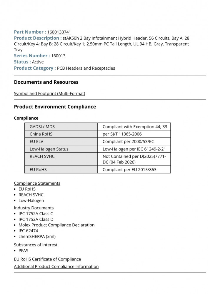 Technical document page 1 for MOLEX 1600133741