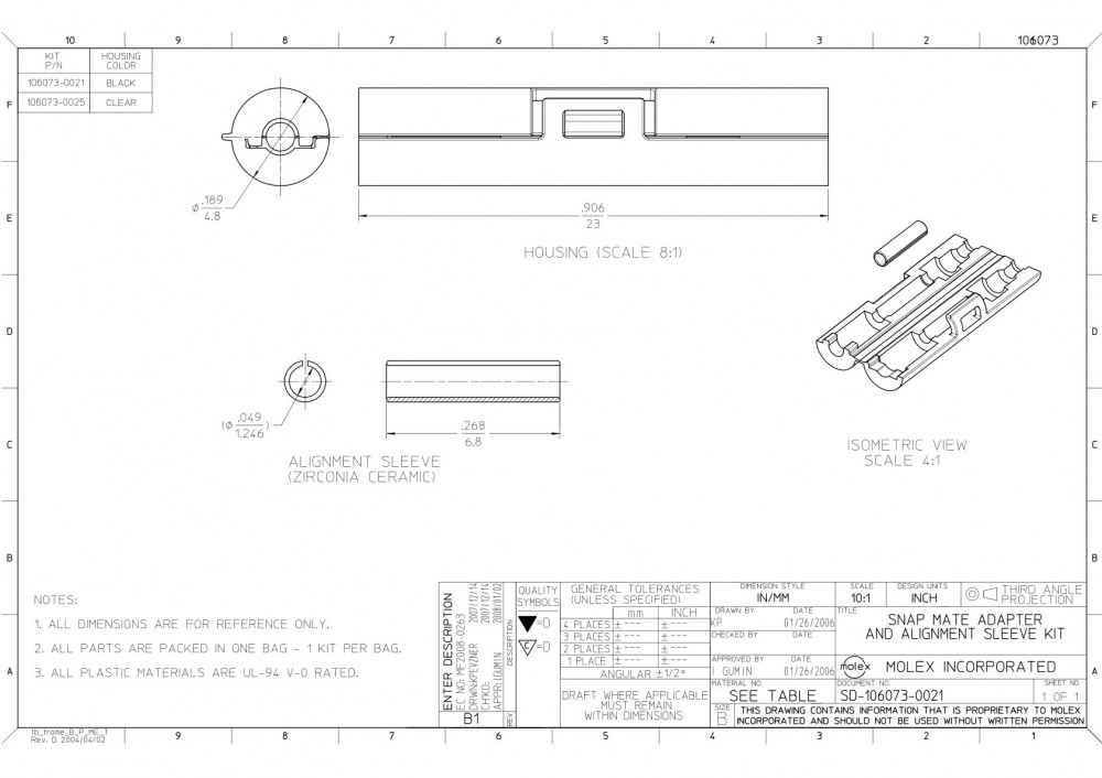 106073-0021 Snap Mate Adapter and Alignment Sleeve Kit drawing