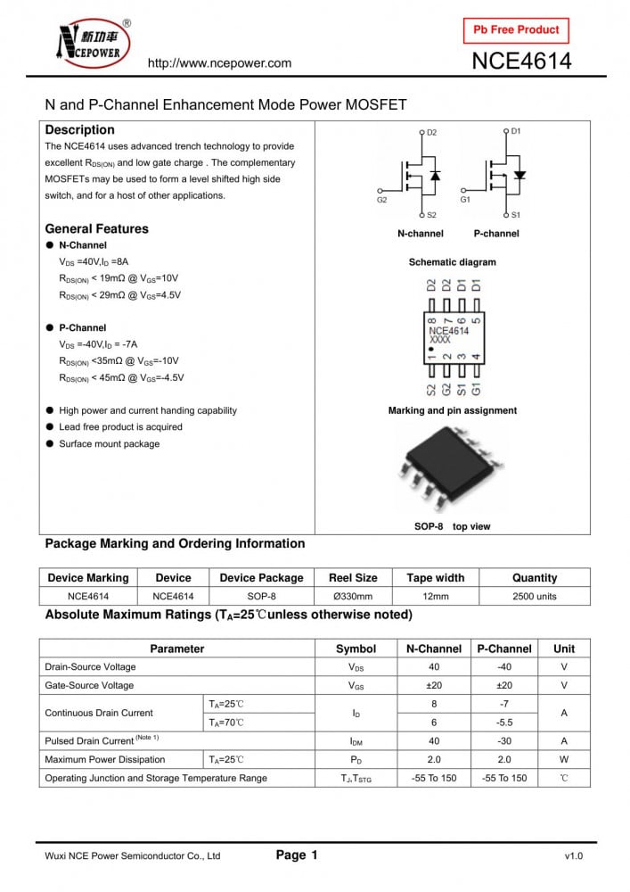 NCE4614 datasheet page 1
