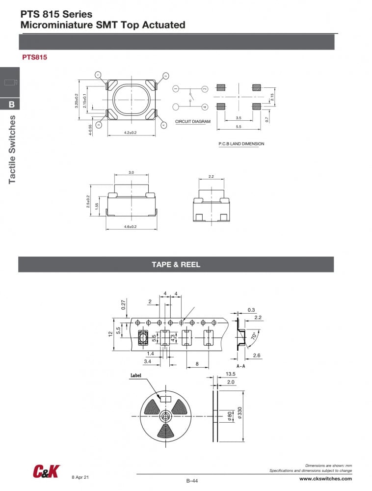 C&K PTS815 tape and reel information