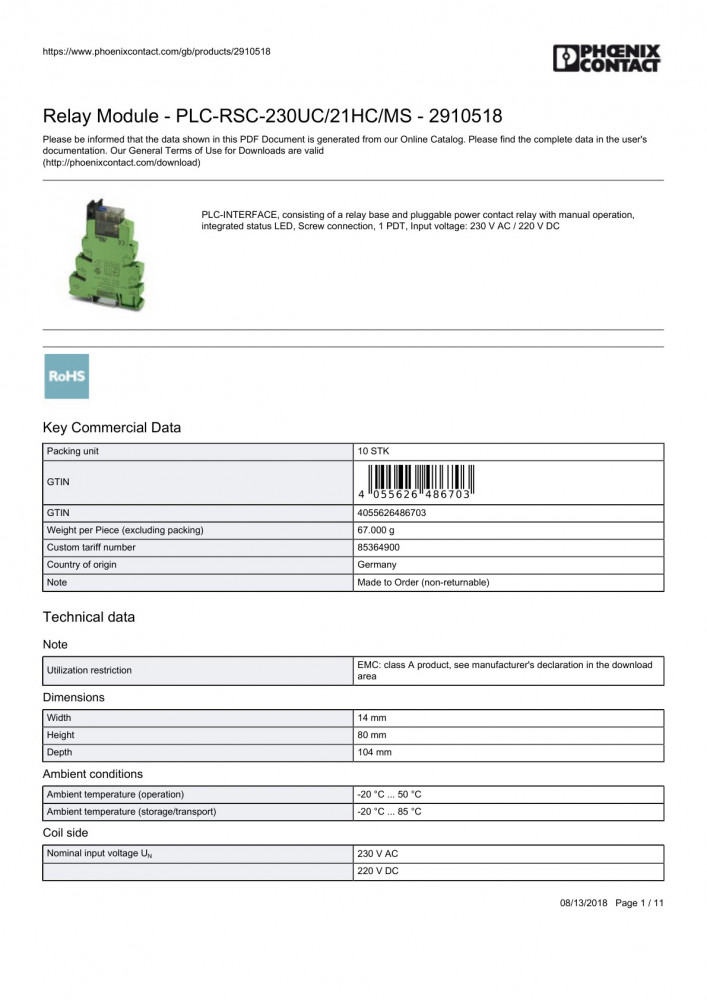 Phoenix Contact 2910518 technical document page 1