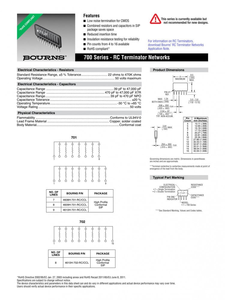 BOURNS 700 Series RC Terminator Networks documentation page 1