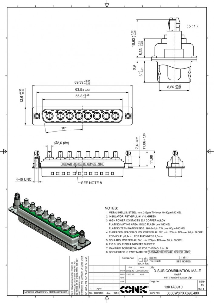 Conec 3008W8PXX69E40X product drawing, sheet 1