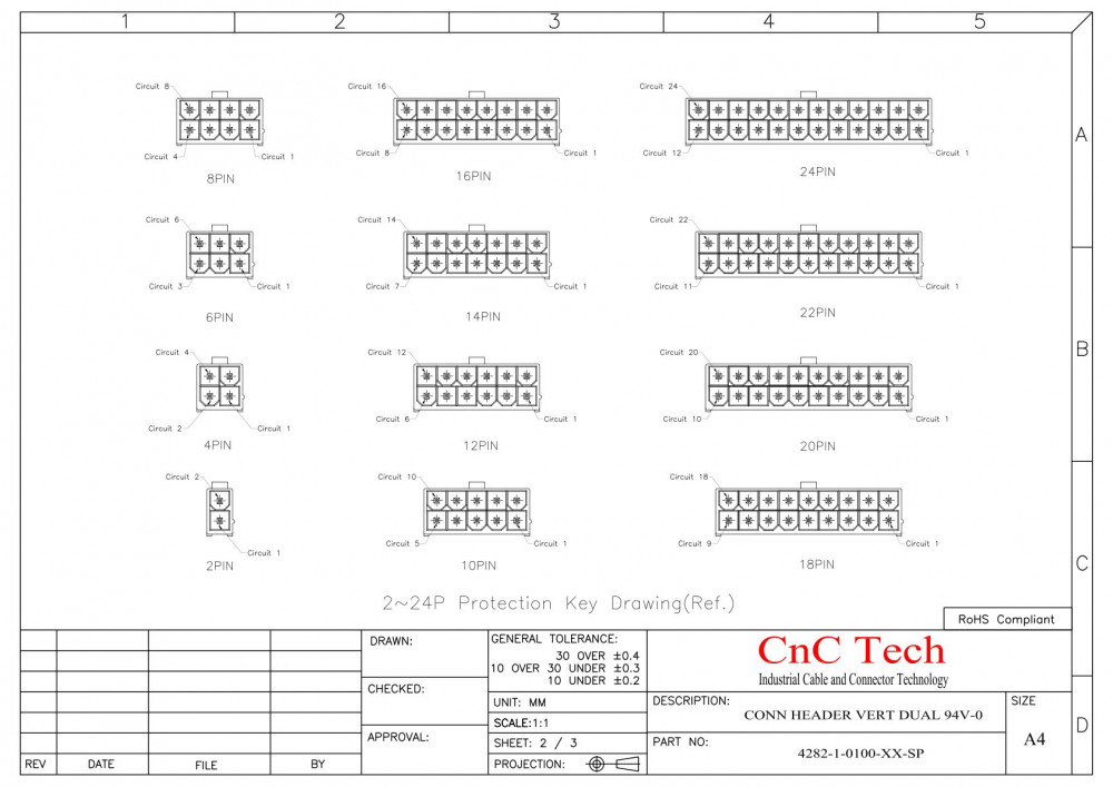 CNC Tech 4282-1-0100-10-SP PCB layout and keying drawing