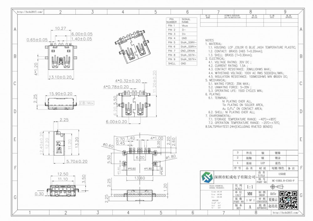 HC-USB3.0-C345-P technical drawing