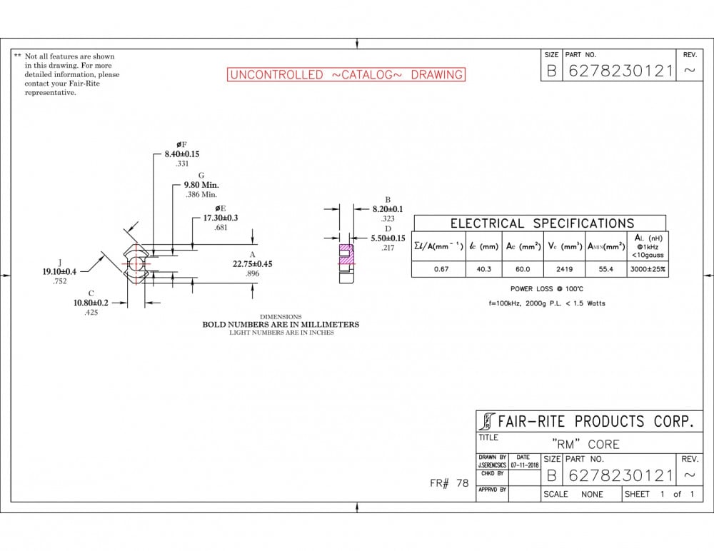 Fair-Rite 6278230121 RM core drawing