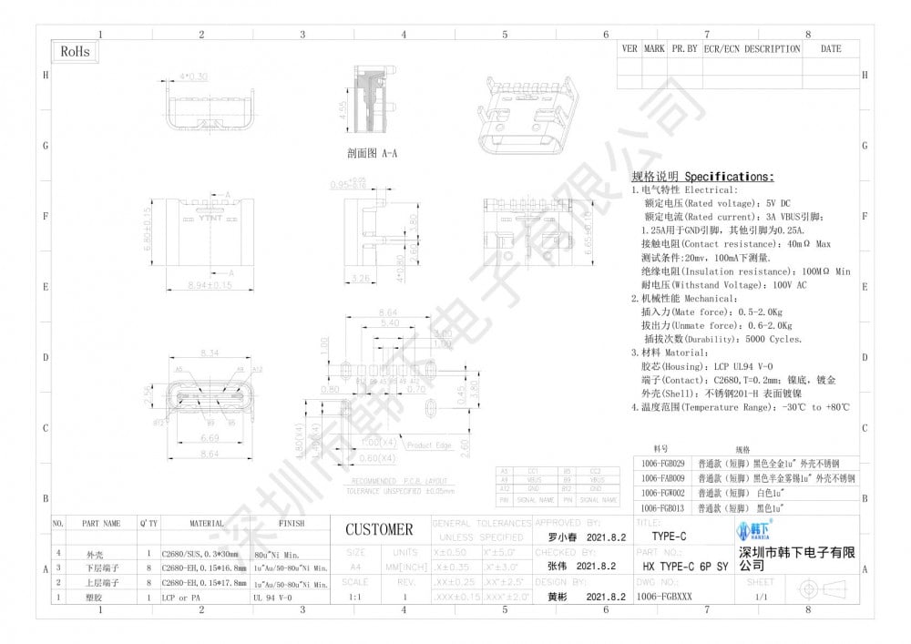 HX TYPE-C 6P SY technical drawing preview