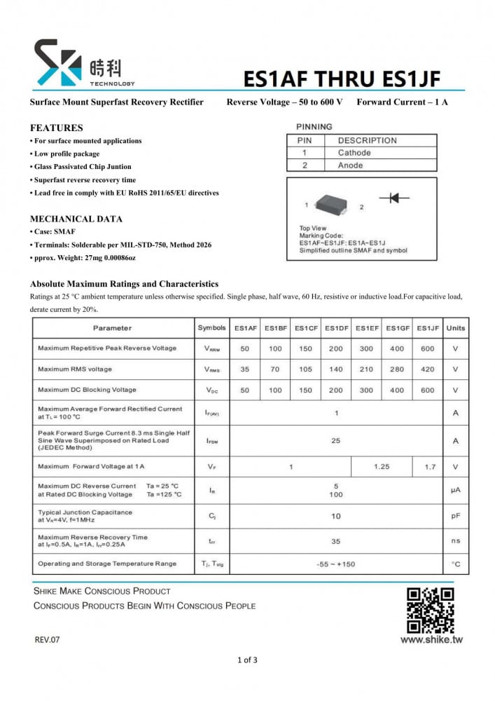 ES1JF datasheet page 1