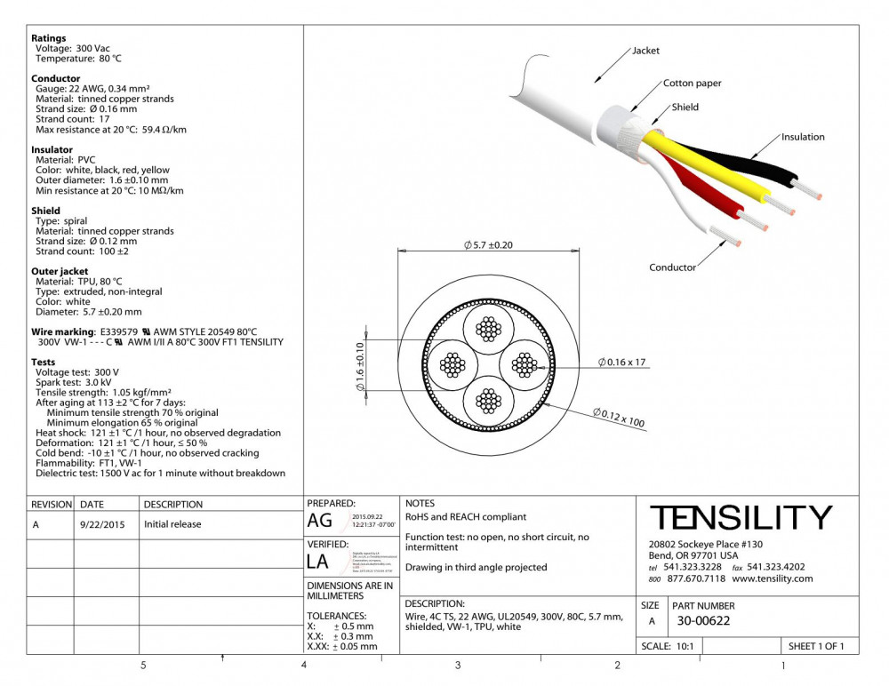 Tensility 30-00622 cable specification and drawing page