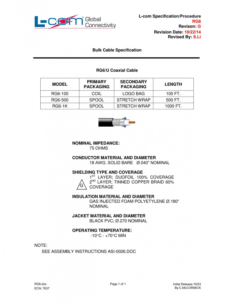 L-com RG6/U coaxial cable technical document preview