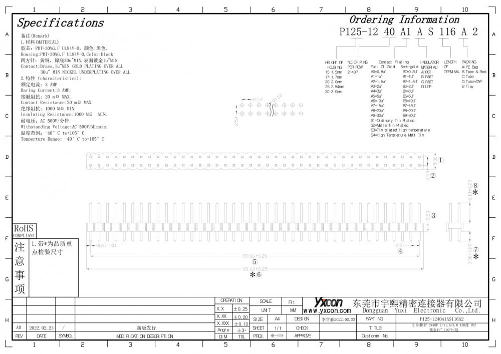 Yxcon P125-1205A0BS116A2 technical document page