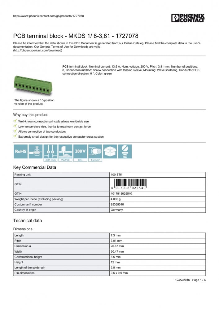 Phoenix Contact 1727078 technical document page 1