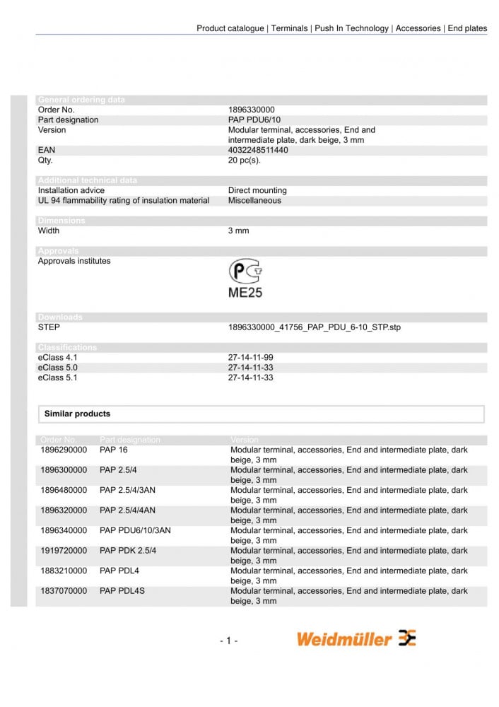 WEIDMULLER 1896330000 product document