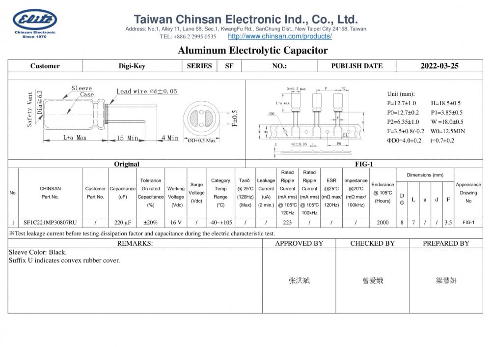 Chinsan SF1C221MP30807RU specification page