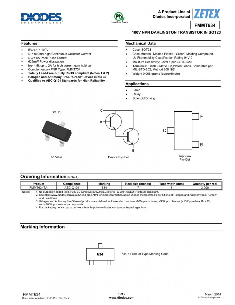 FMMT634TA datasheet page 1