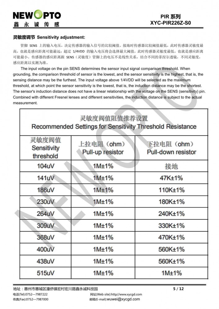 XYC-PIR226Z-S0 datasheet page 5