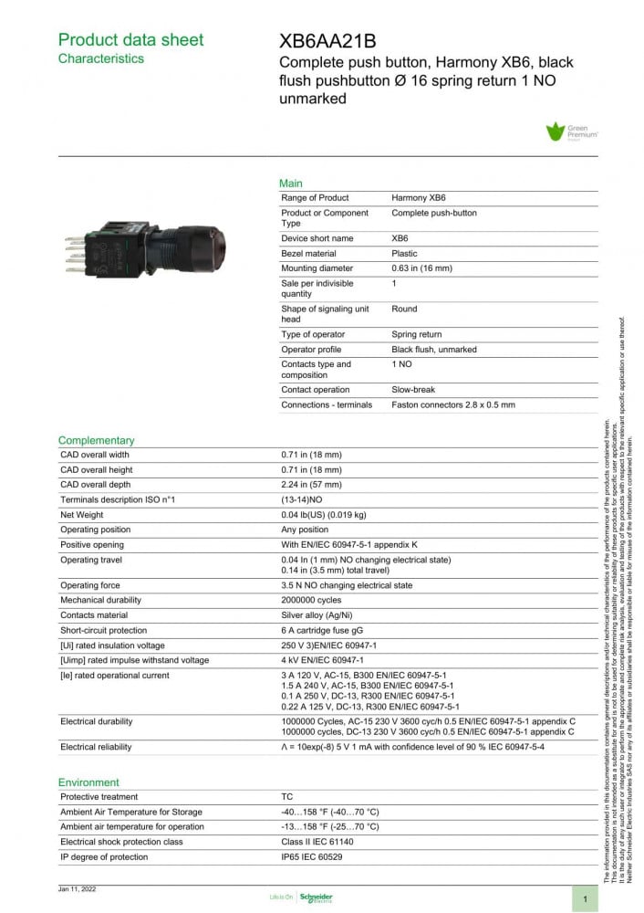 XB6AA21B technical document page 1