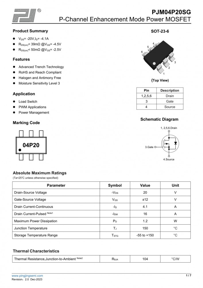 PJM04P20SG datasheet page 1