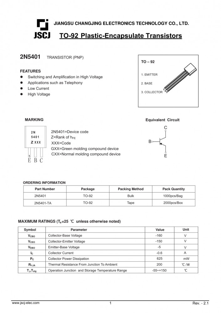 2N5401 datasheet page 1