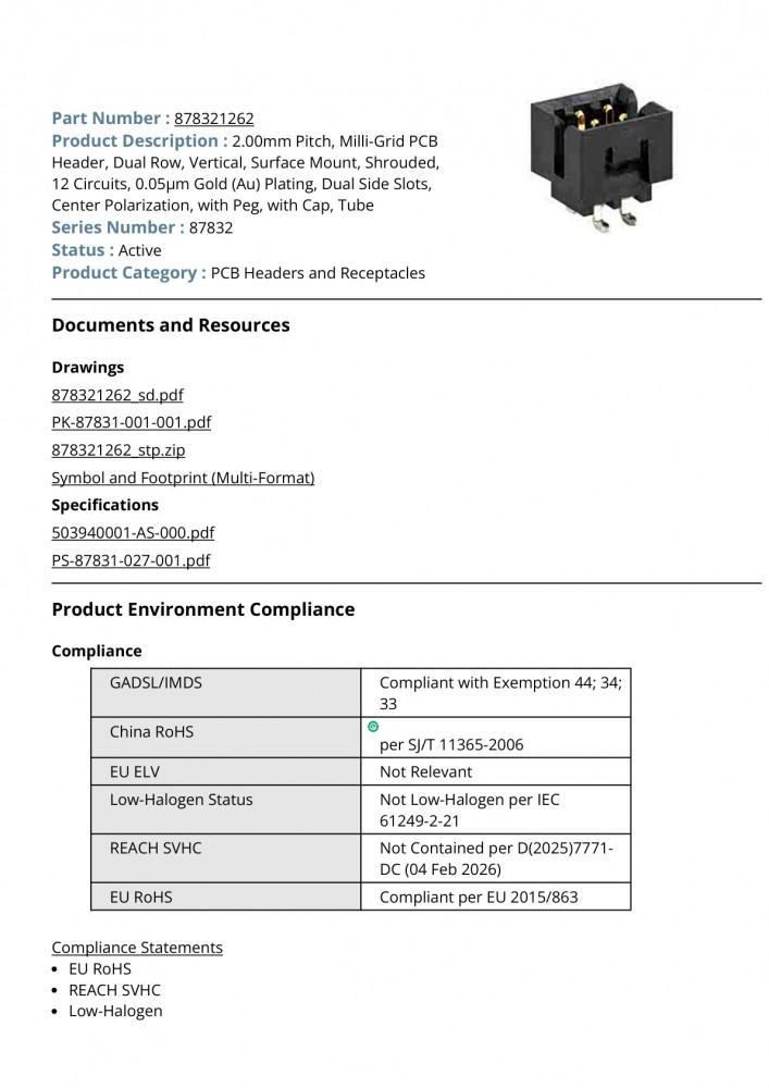 Technical document page 1 for MOLEX 878321262