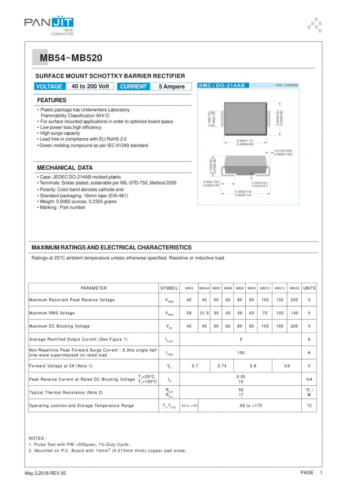 PANJIT MB54 to MB520 datasheet page 1