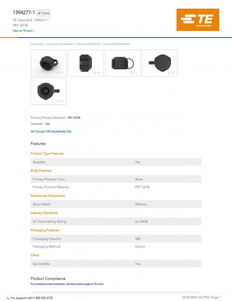 TE Connectivity 1394277-1 technical document page 1