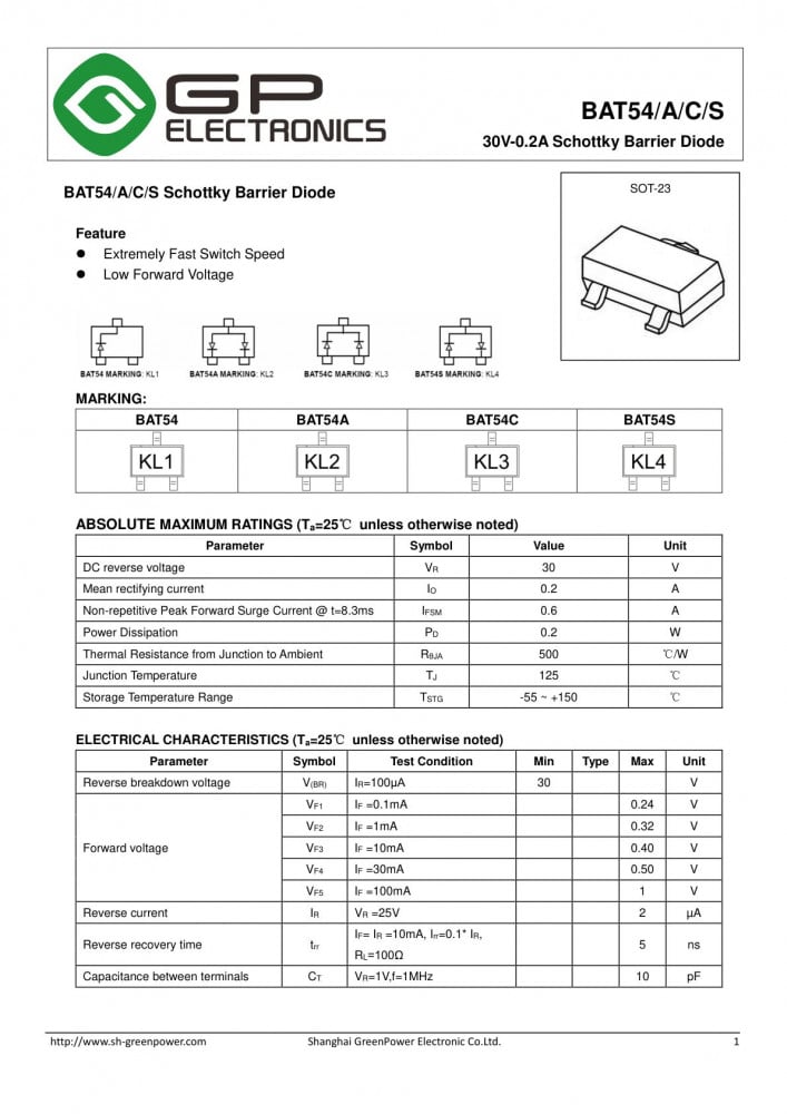 BAT54C datasheet page 1