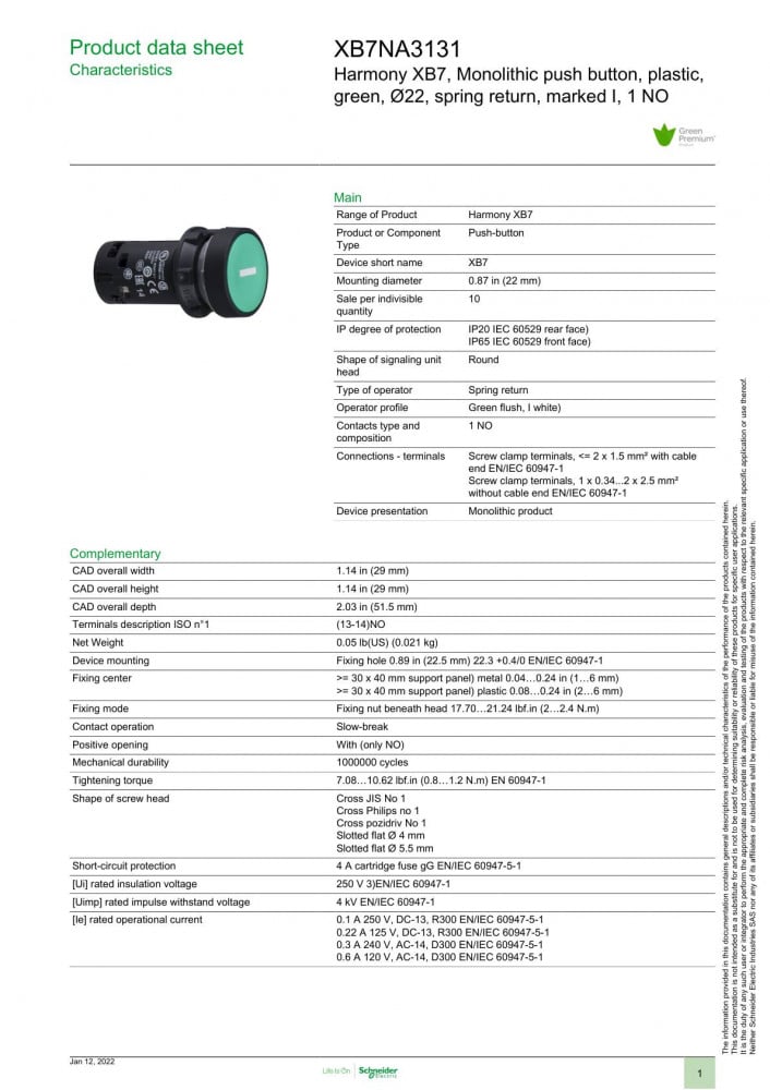 XB7NA3131 technical document page 1