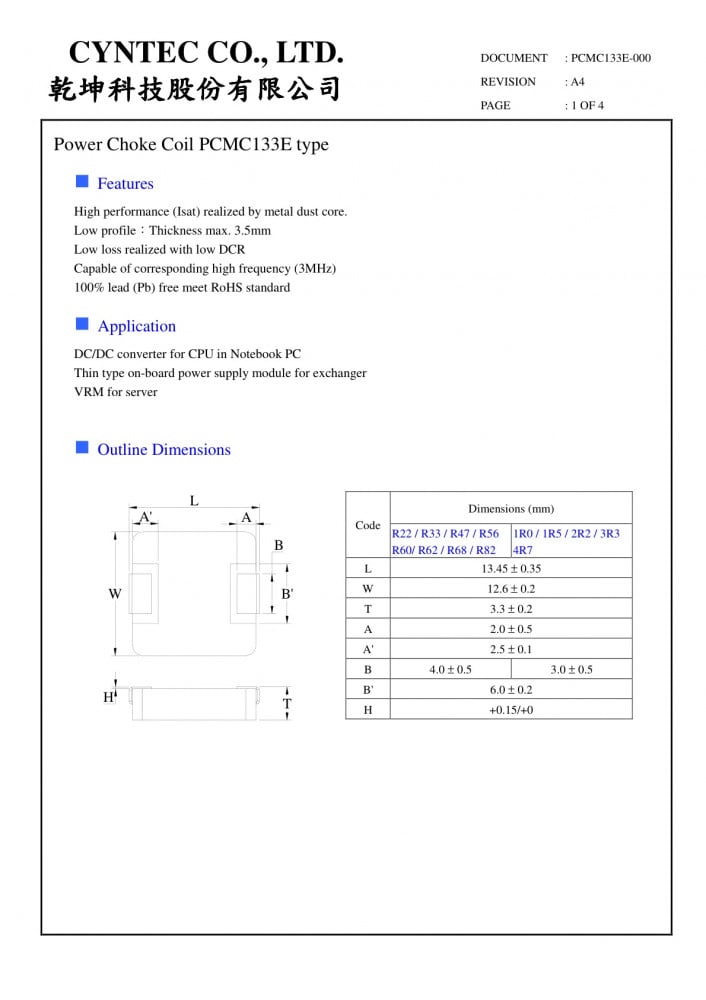 Cyntec PCMC133E datasheet page 1