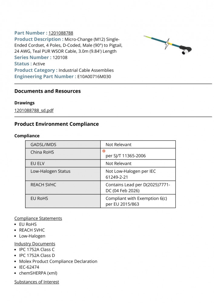 MOLEX product drawing page 1 for model 1201088788