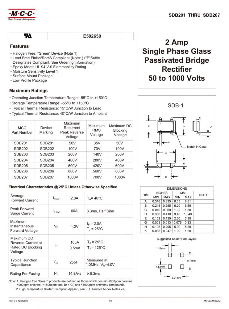 MCC SDB206 datasheet page 1