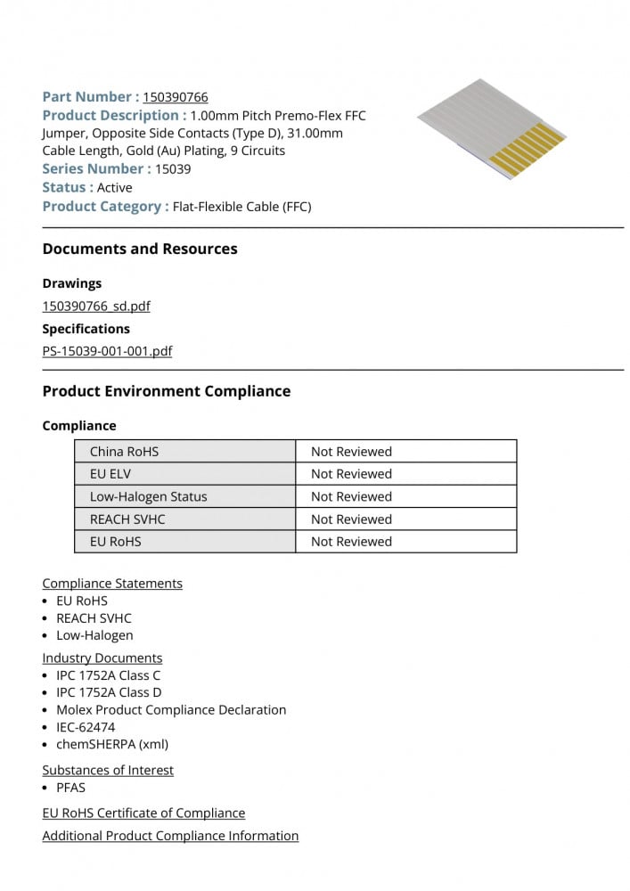 Molex 1.00 mm pitch FFC family specification page 1