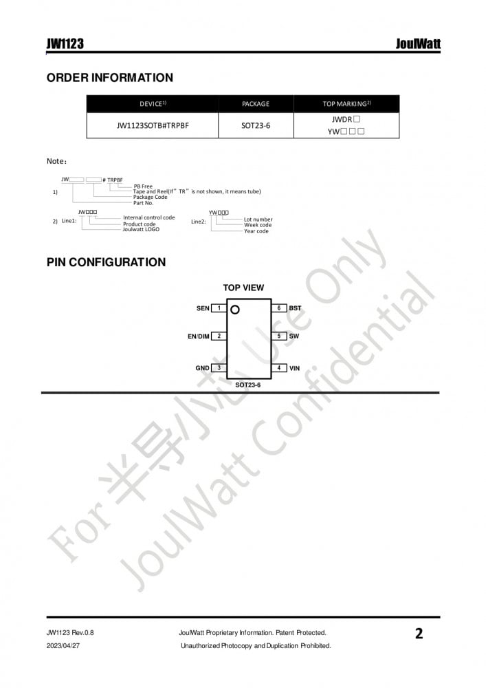 JW1123 datasheet page 2
