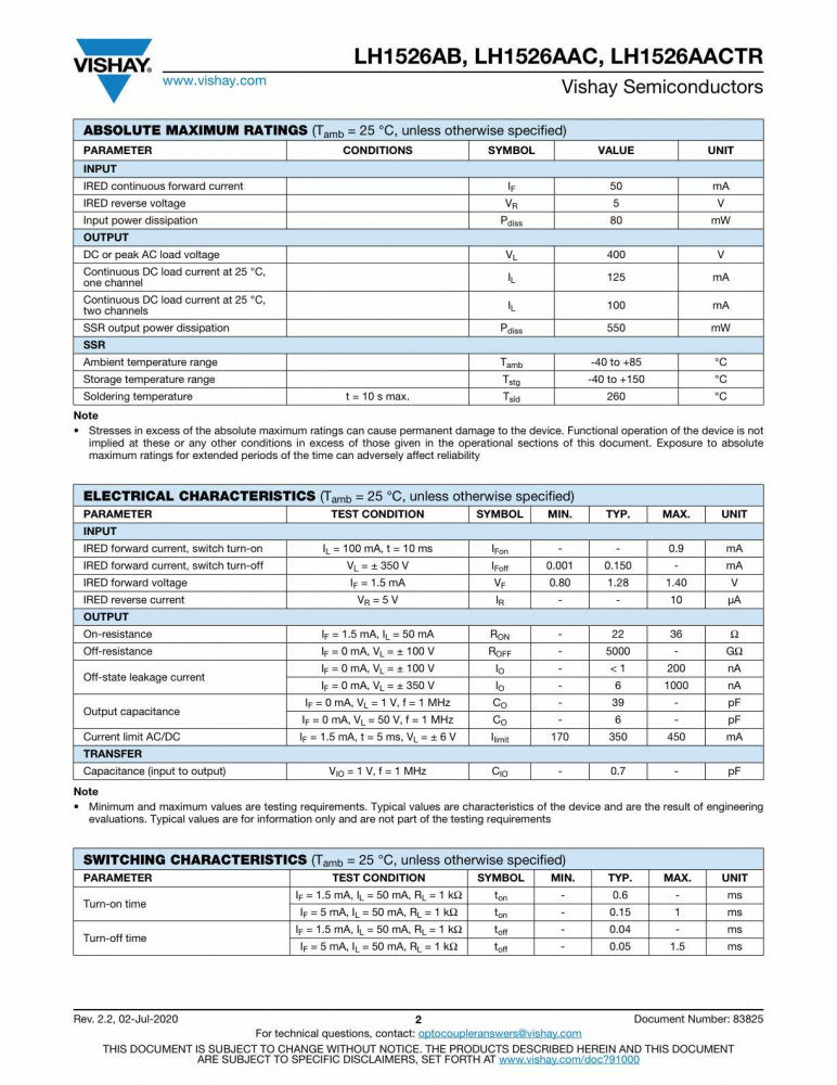 LH1526AACTR datasheet page 2