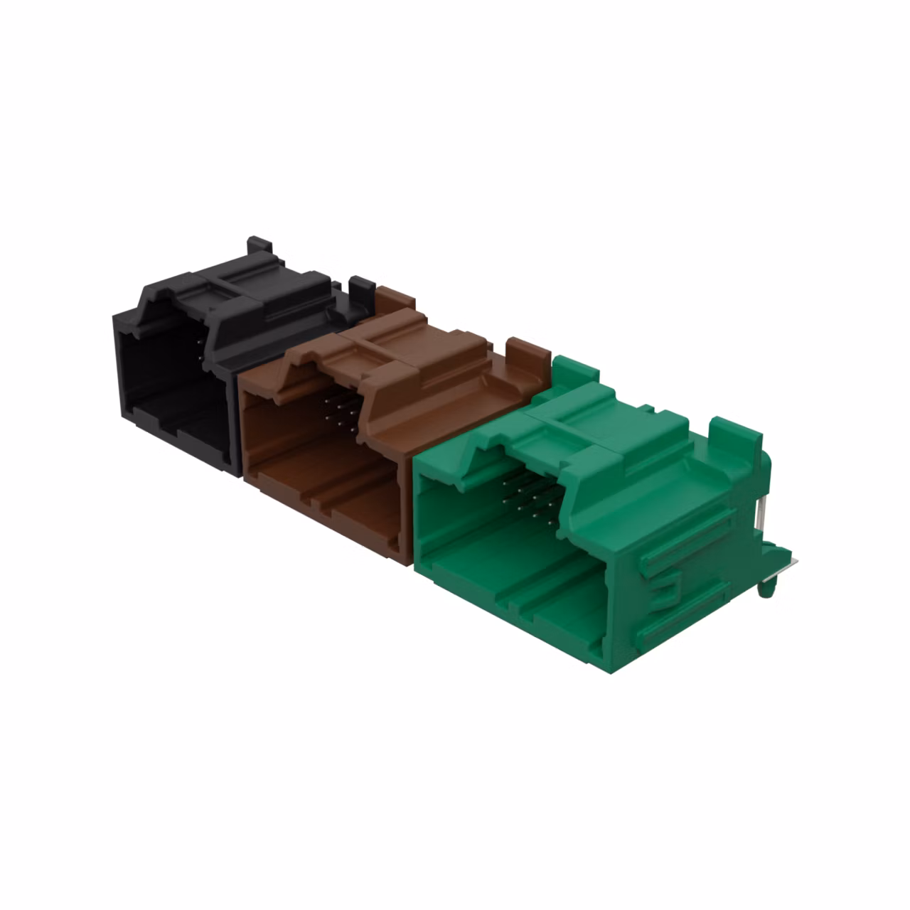 Stac64 3 Bay Right-Angle Headers, 56 Circuits, Bay A 16 Circuit Signal Header, Polarization A, Black; Bay B 20 Circuit Signal Header, Polarization C, Brown; Bay C 20 Circuit Signal Header, Polarization D, Green; Tray for sale