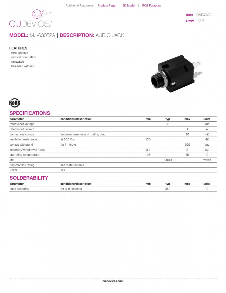 MJ-63052A datasheet page 1
