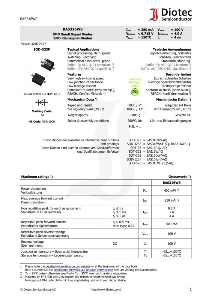 BAS316WS technical document, page 1