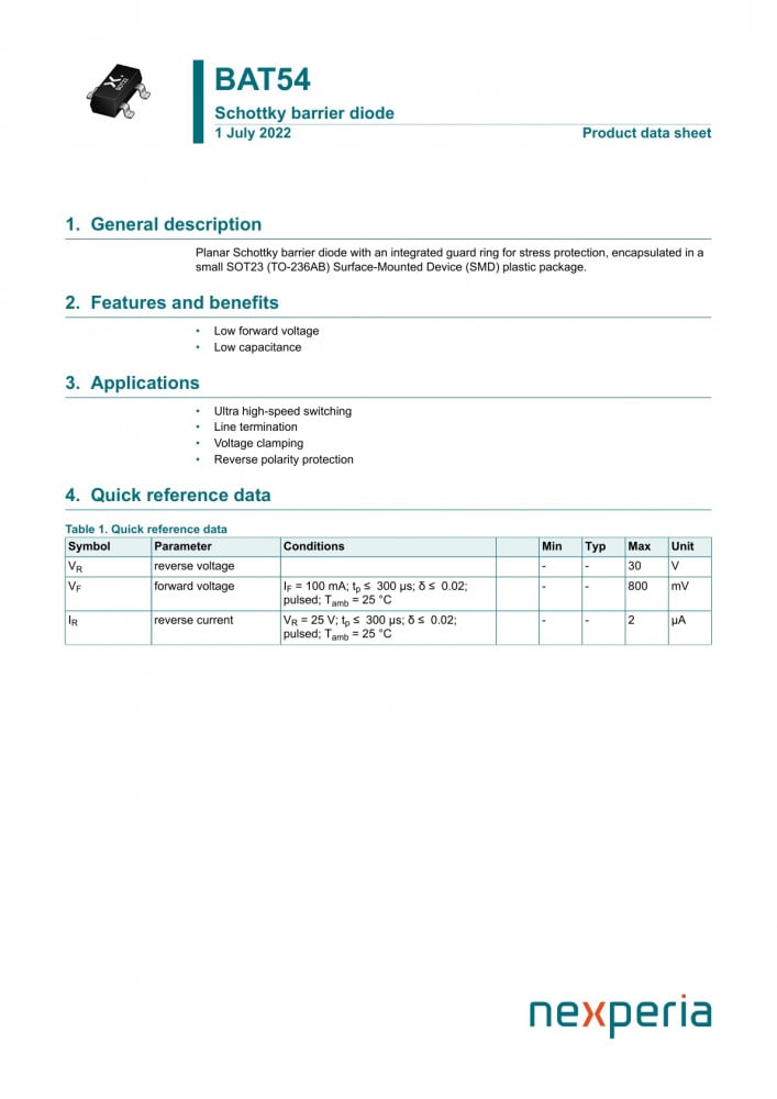 BAT54 datasheet page 1