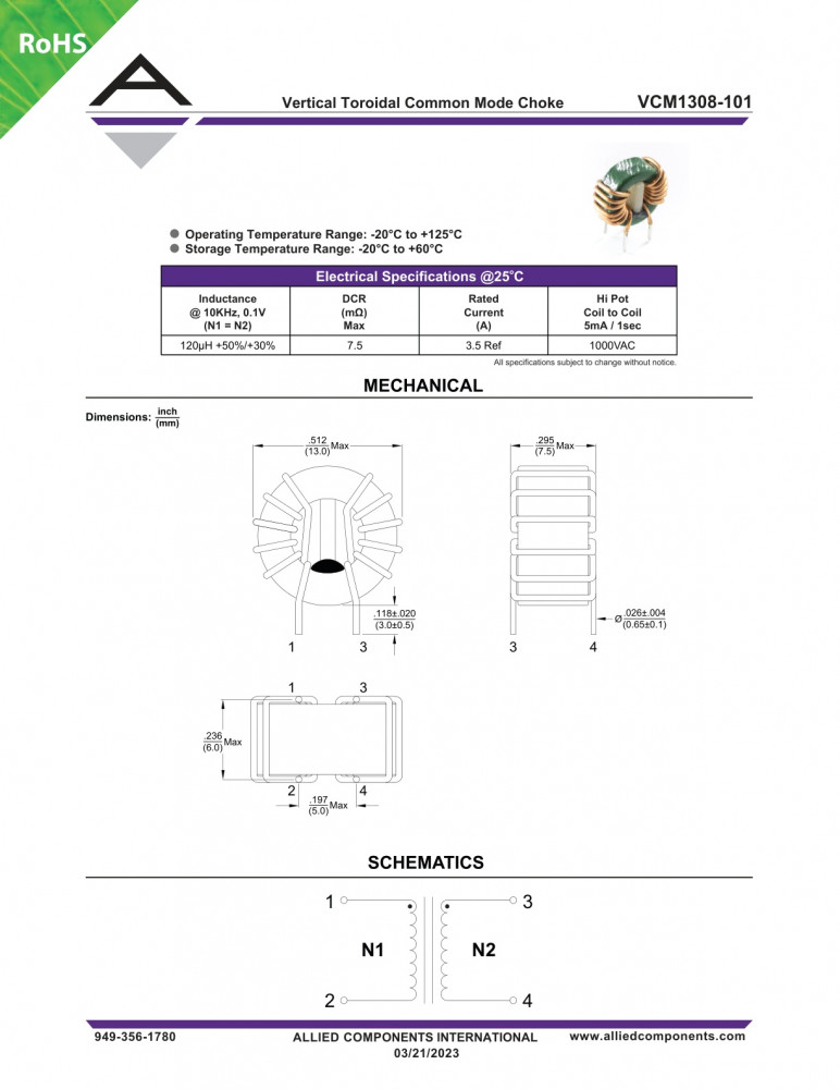 VCM1308-101 product specification sheet preview