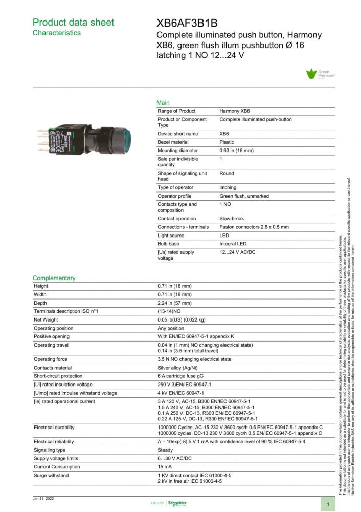 XB6AF3B1B technical document page 1