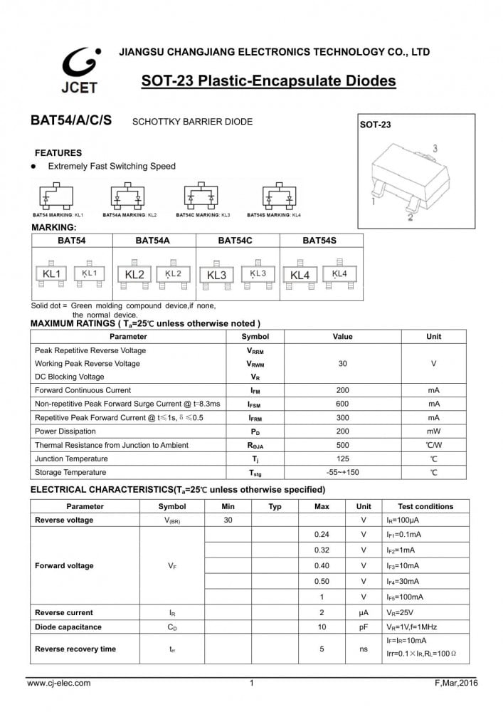 BAT54C-G datasheet page 1