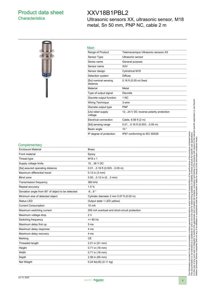 XXV18B1PBL2 technical document page 1