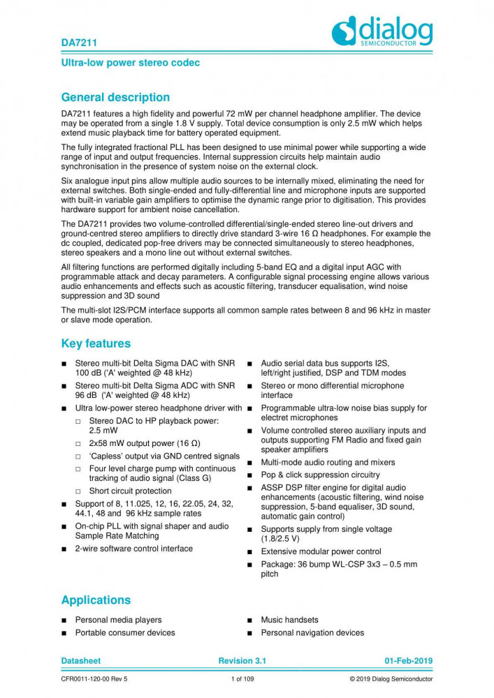 DA7211 datasheet page 1