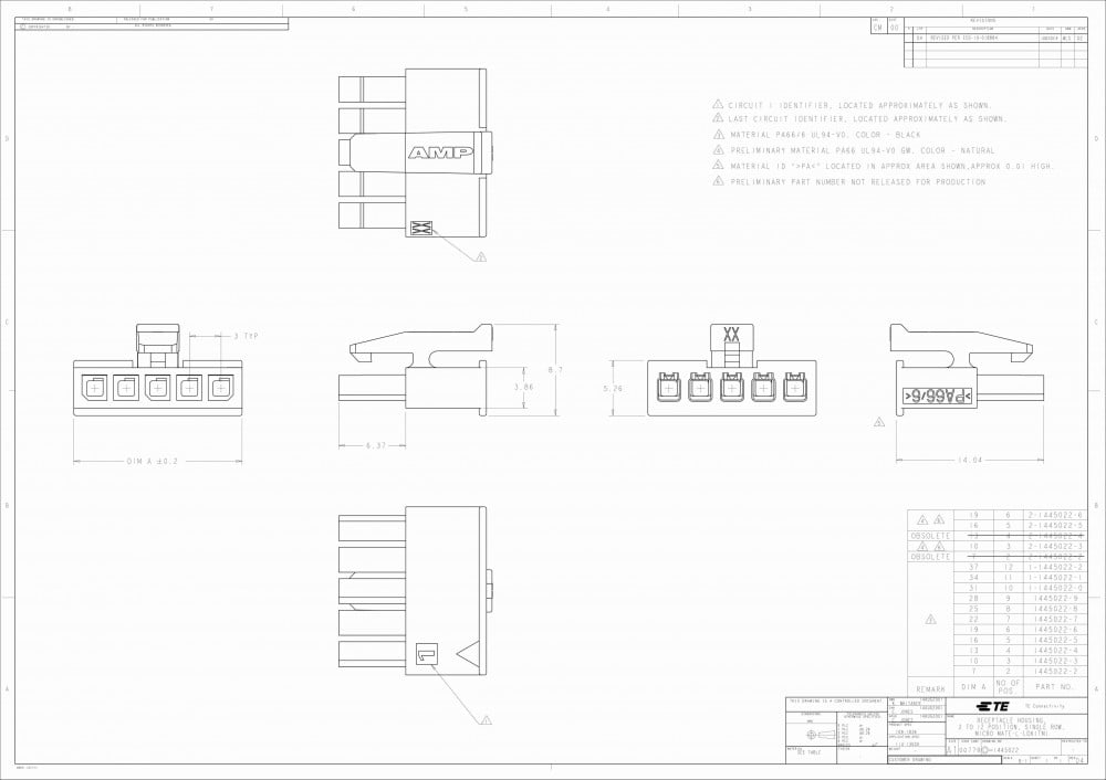 TE Connectivity 1445022 series technical drawing
