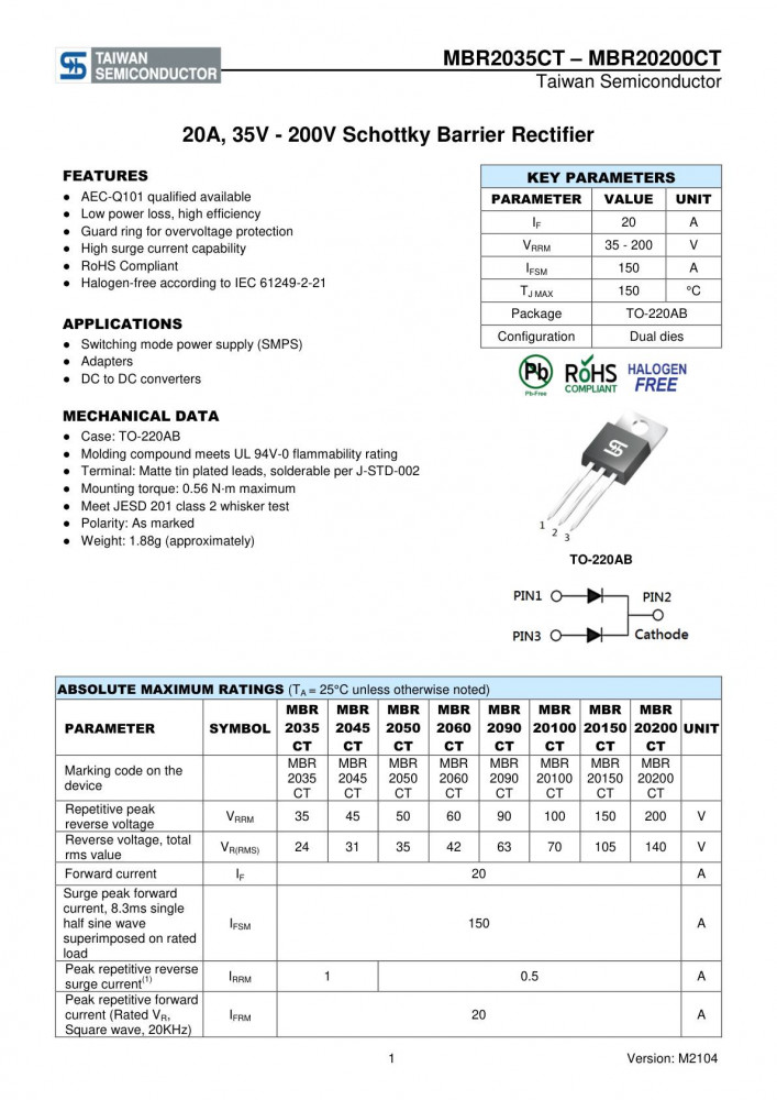 MBR20200CT datasheet page 1