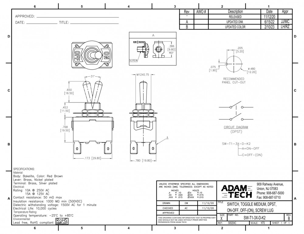 ADAM TECH SW-T1-3X-D-K2 product drawing showing DPST circuit, panel cut-out, and specifications