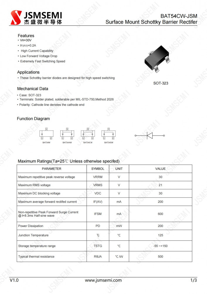 BAT54CW-JSM datasheet page 1