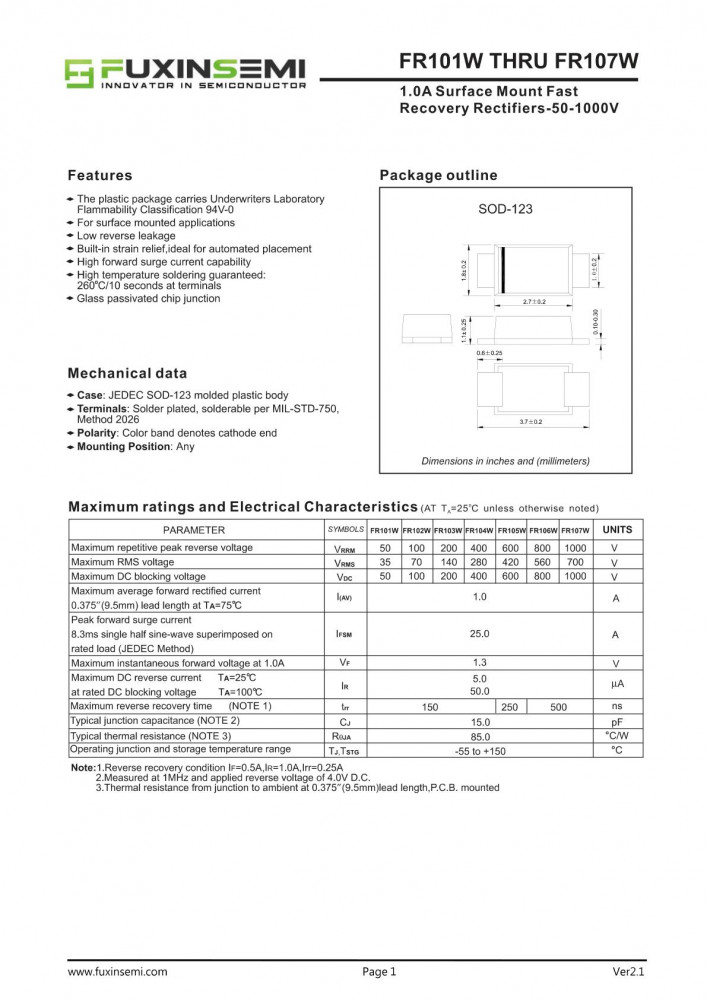 FR107W datasheet page 1